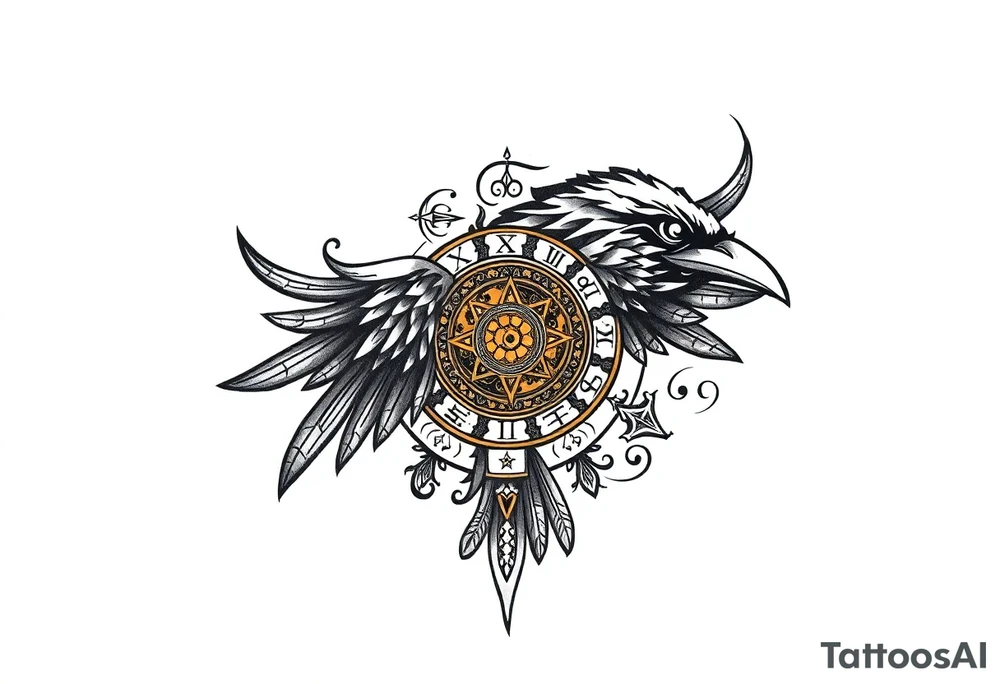 Zodiac symbols runes within ornate clockwork mechanism raven tattoo ...