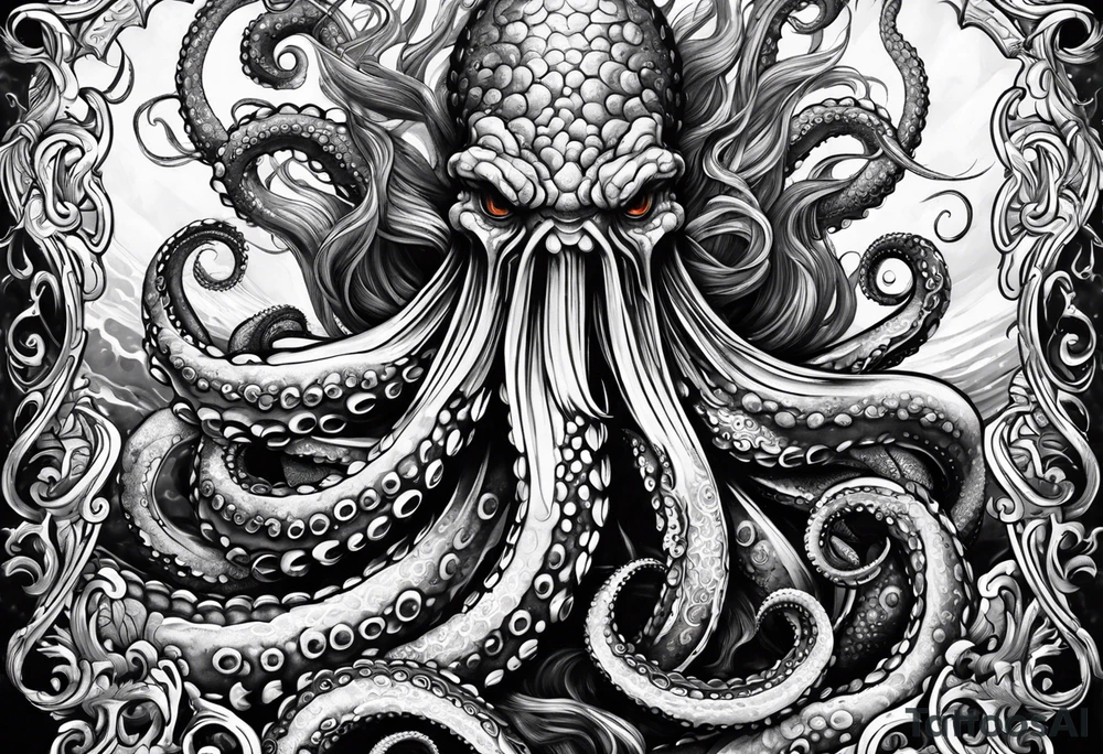 Kraken octopus wrapping tentacles Poseidon thrusting trident stormy sea ...