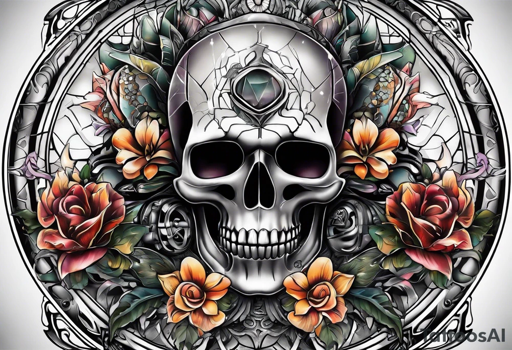 H.R. Giger tattoo with realistic evil skull, various flowers, geometric ...