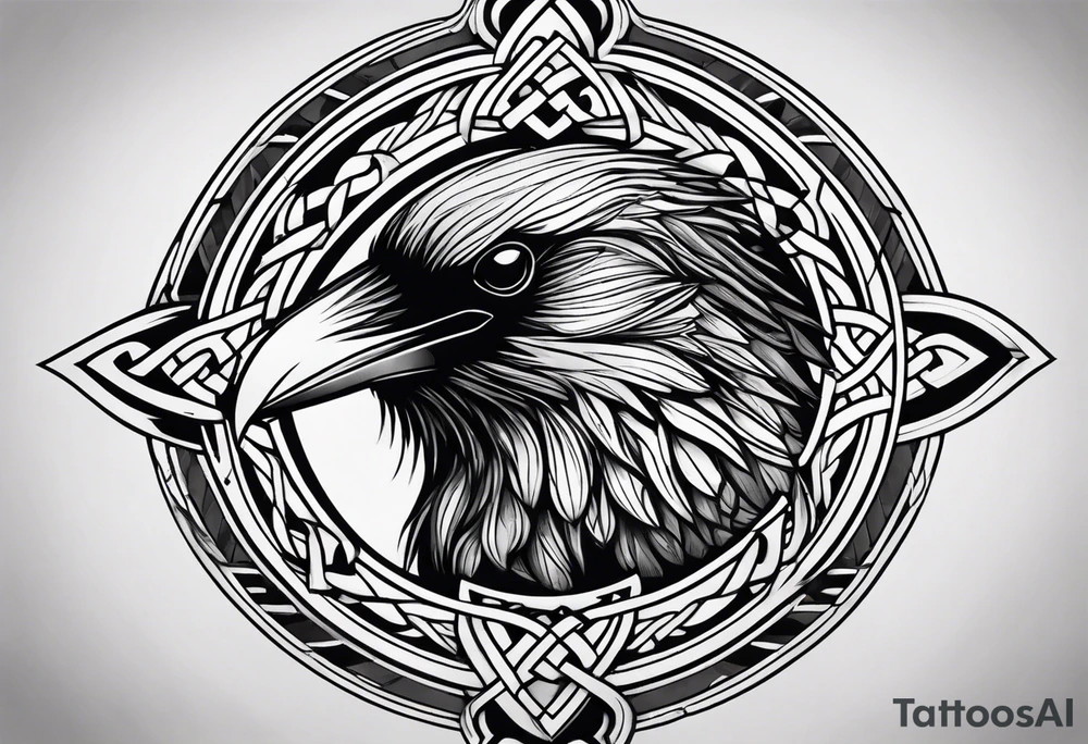 Raven head with Celtic compass and mountain on lower arm tattoo idea ...