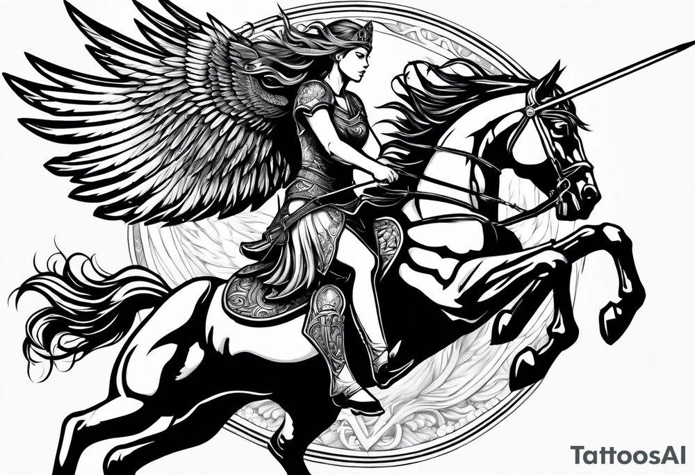 Valkyrie on winged Pegasus, flight, holding spear, looking down tattoo ...