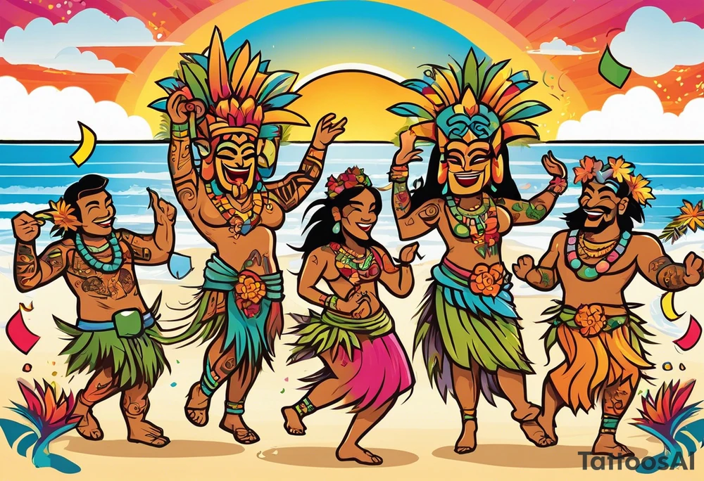 Dancing tiki gods dance party on the beach with a sunset in the center ...