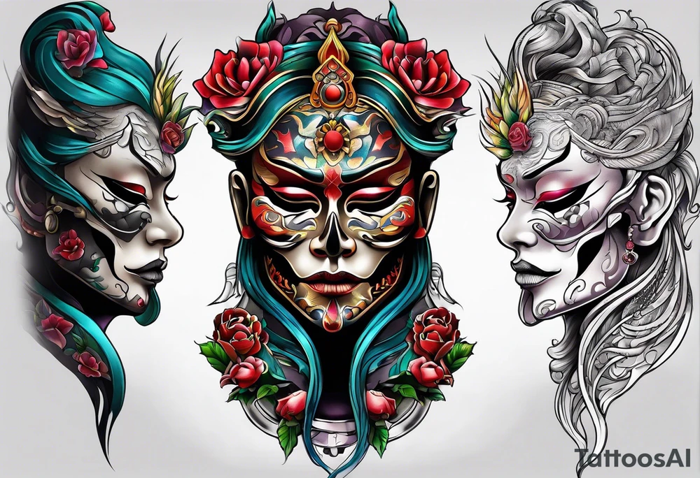 Japanese death mask tattoo idea | TattoosAI