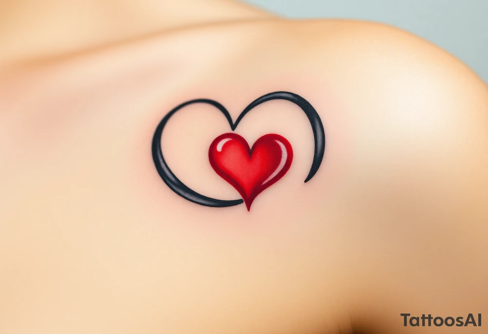 A sleek black infinity symbol intertwined with a delicate red heart ...