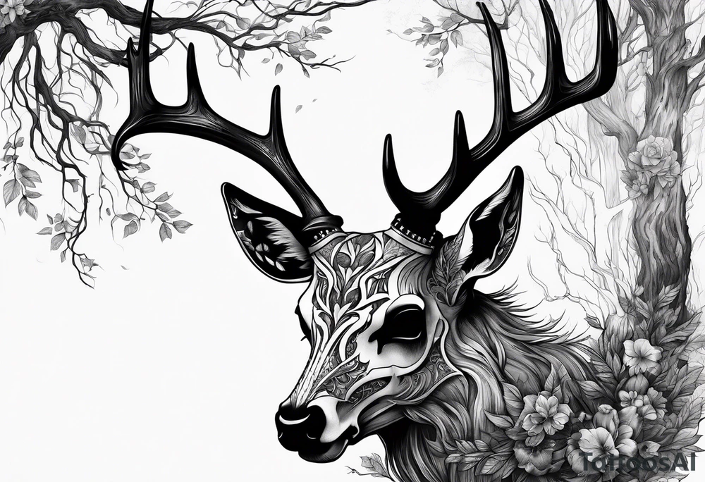 A side profile of decayed deer skull surrounded by trees and fire ...