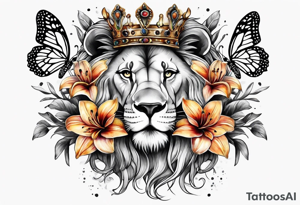 African lion lilies butterflies crown tattoo idea | TattoosAI