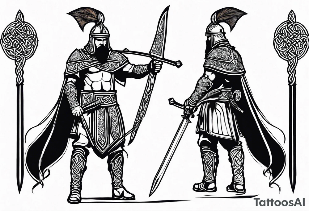 Full body side profile of Celtic warrior with weapons drawn tattoo idea ...