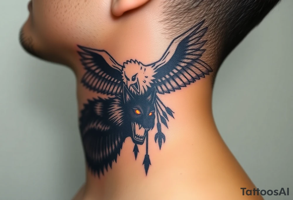 A fierce eagle locked in battle with a black wolf, their eyes glowing red and gold, creating an ...