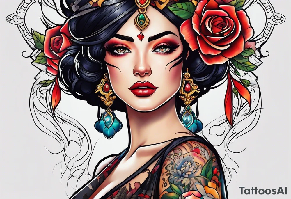 Neo traditional woman tattoo face cross eye tattoo idea | TattoosAI