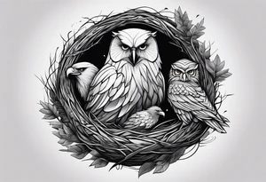 Owl, raven, eagle cuddled in a nest, birdseye view tattoo idea | TattoosAI