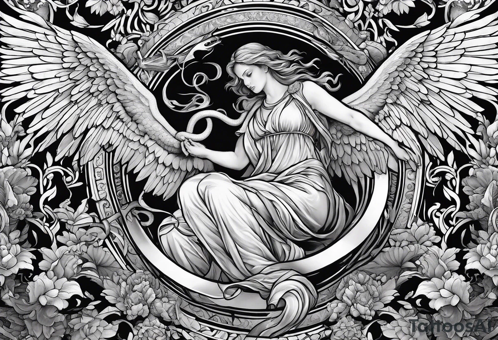 Full back piece depicting biblically accurate angels killing a snake ...