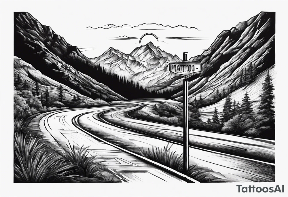 Mountain road tattoo with road sign tattoo idea | TattoosAI