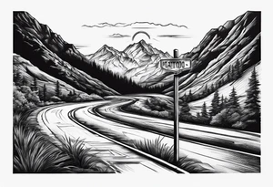 Mountain road tattoo with road sign tattoo idea | TattoosAI