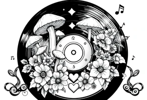 Vinyl record with mushrooms, flowers, hearts, and music notes tattoo ...