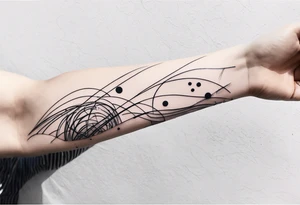 Flowing abstract large forearm tattoo with lines, splatters, circles ...