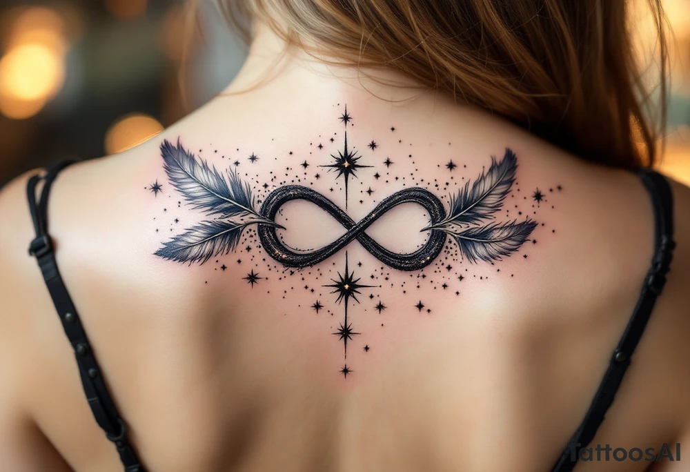 Infinity symbol woven with floating feathers and stardust tattoo idea ...