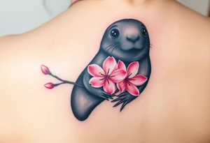 Mole holding a delicate pink cherry blossom, with gentle pastel tones ...