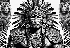 Aztec warrior full body with aztec symbols in the back ground and a ...