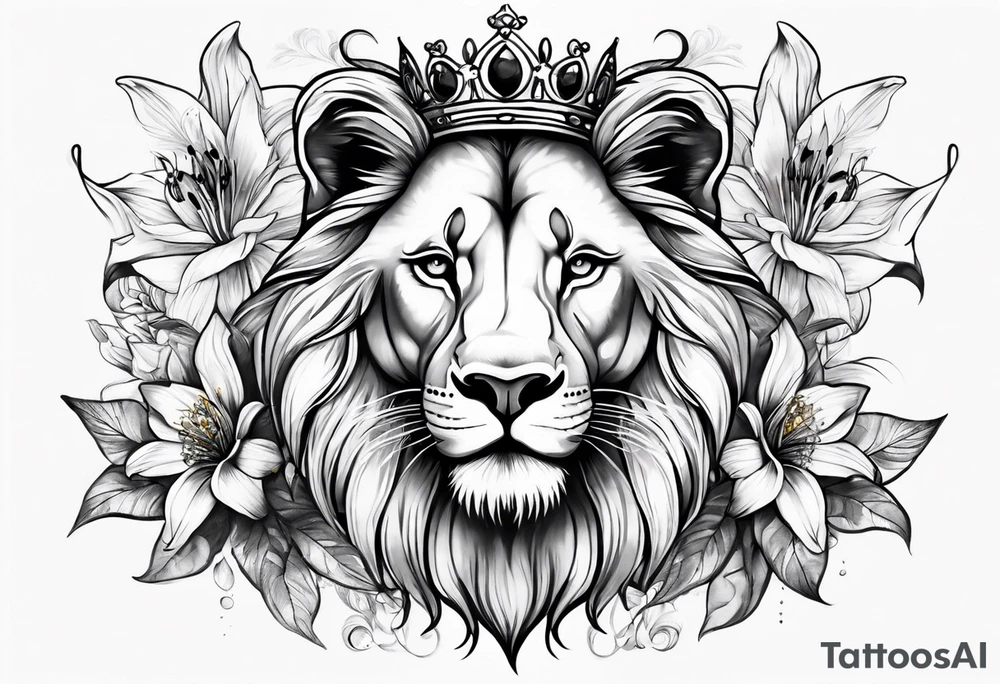African lion lilies butterflies crown tattoo idea | TattoosAI