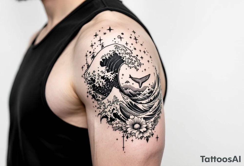 Fine line powerful ocean half sleeve with a wave, a whale and other ...
