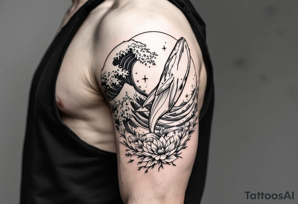 Fine line powerful ocean half sleeve with a wave, a whale and other ...