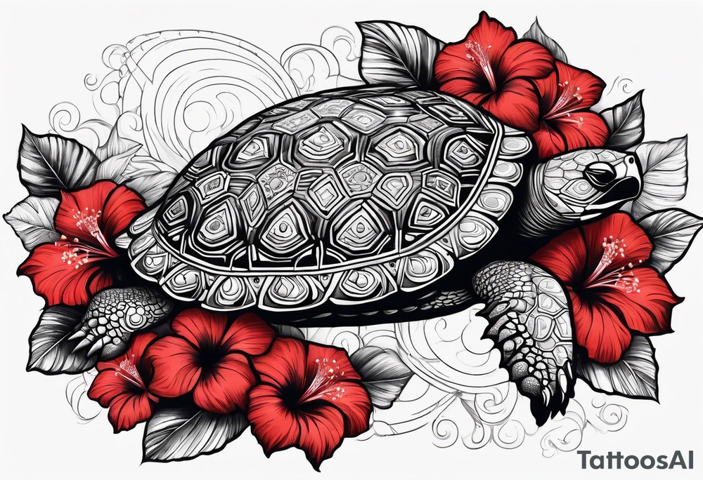 Black Polynesian turtle with red hibiscus flower in the middle of ...