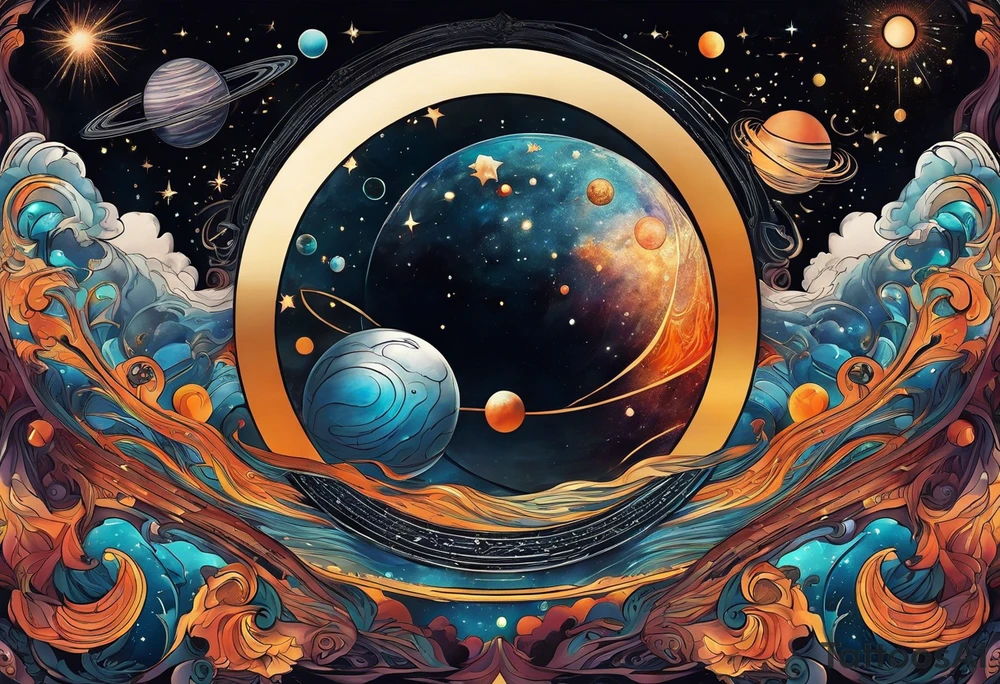 A tattoo featuring a cosmic scene with planets, black holes, and ...