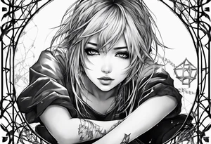 A bleeding anime girl, sitting on a ball, surrounded by barbed wire ...