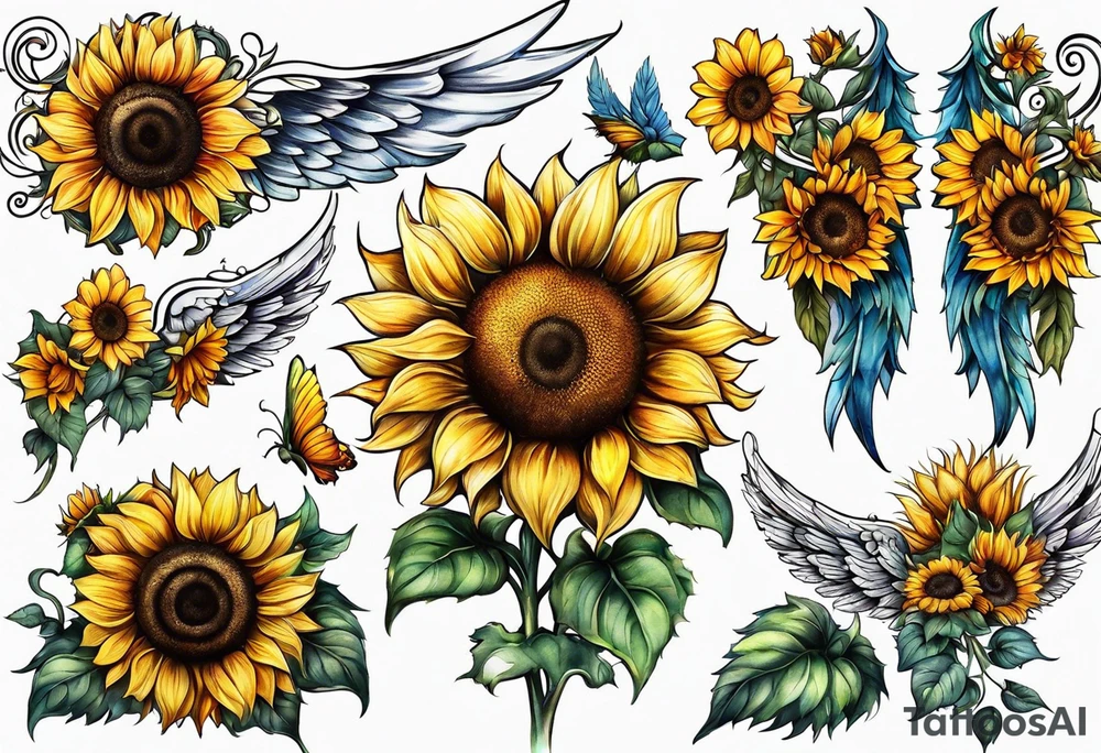 Sunflowers and angel wings leg sleeve tattoo idea | TattoosAI