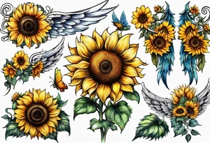 Sunflowers and angel wings leg sleeve tattoo idea | TattoosAI