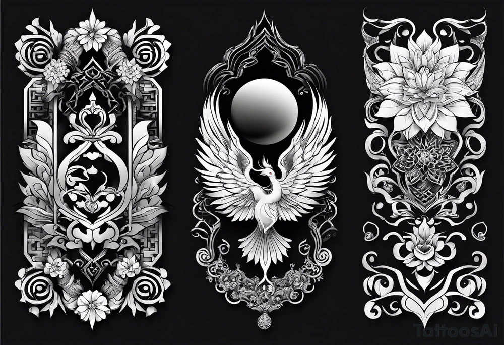 One vertical tattoo that combines lotus flower, phoenix and helix ...