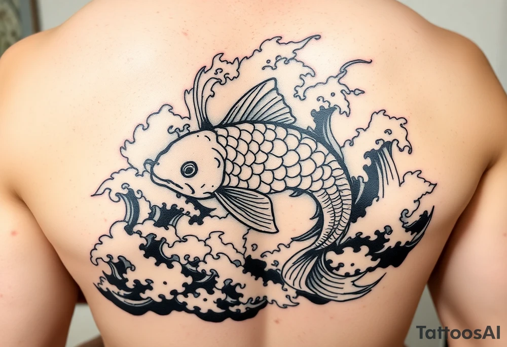 Traditional koi fish swimming upstream through turbulent waves tattoo ...