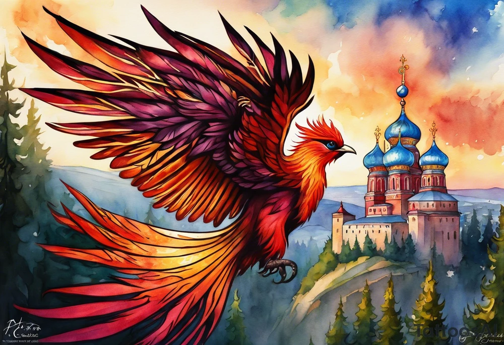 Russian firebird in Flight with fancy tail and small onion cap ...