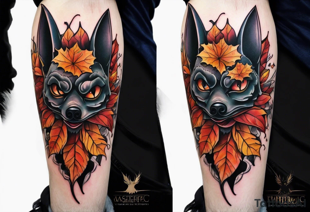 Bat face Knee tattoo in fall colors tattoo idea | TattoosAI