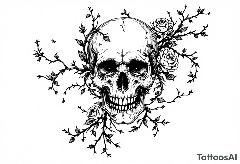 Gothic skull intertwined with climbing roses and thorny vines tattoo ...
