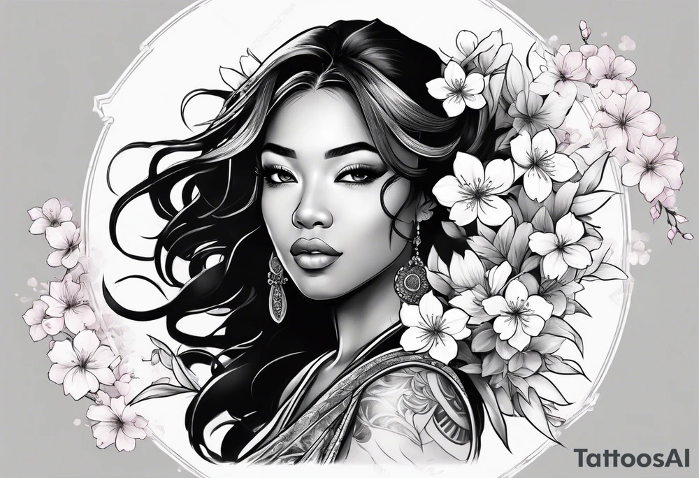 Black Female with name Nisha and sakura blossoms around her tattoo idea ...
