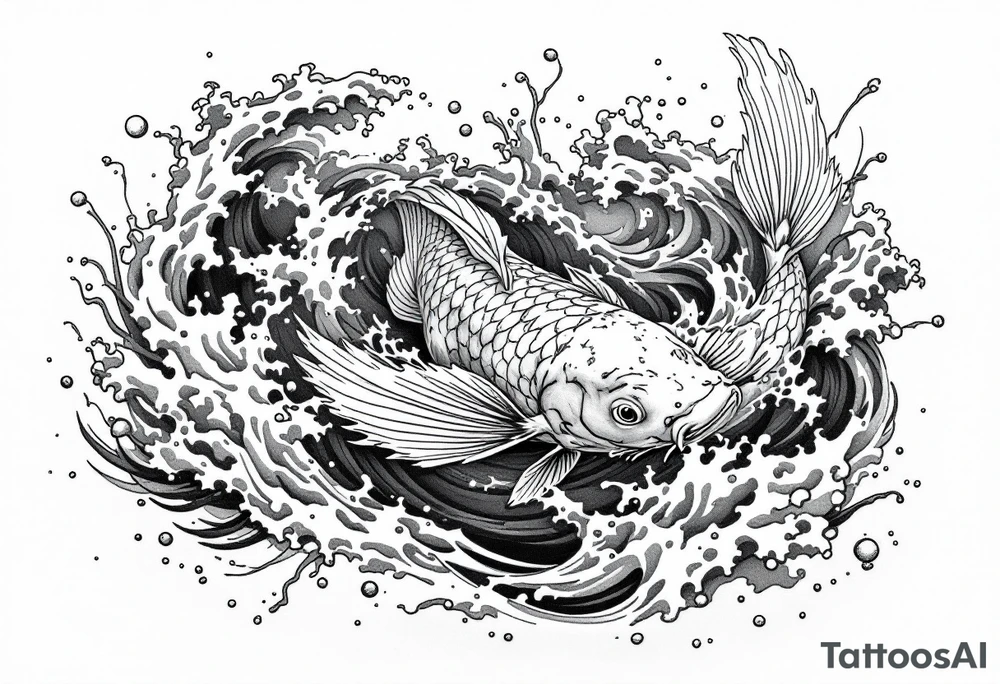 Traditional koi fish swimming upstream through turbulent waves tattoo ...
