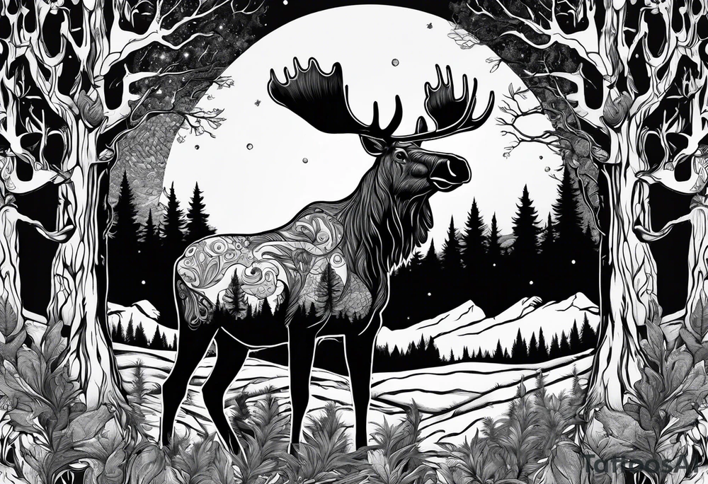 A psychedelic moose in the forest with a full moon tattoo idea | TattoosAI