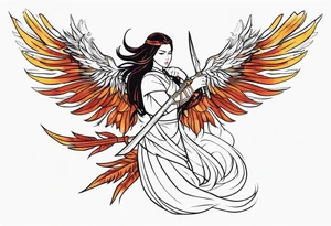 Female warrior with phoenix and weapons tattoo idea | TattoosAI