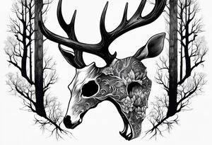 A side profile of decayed deer skull surrounded by trees and fire ...