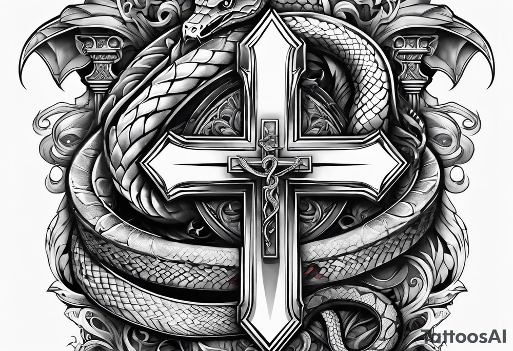 A cross with a snake around it tattoo idea | TattoosAI