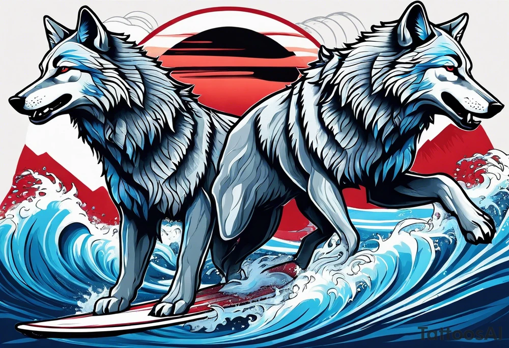 A pack muscular of gray wolves surfing with a tropical background with ...