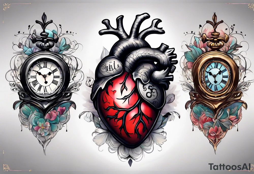 Anatomical heart with clock in middle. Clock hands on 8 and 5. Never ...