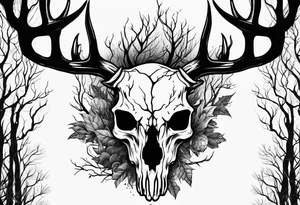 A scary decayed deer skull head human body with flames and trees tattoo ...