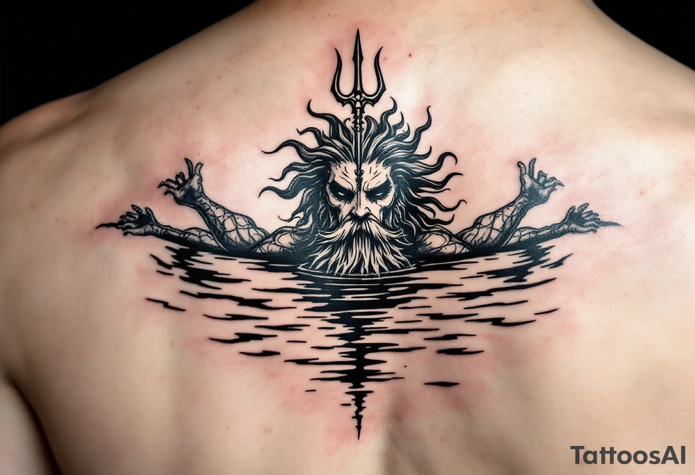 Poseidon with trident half way in calm water tattoo idea | TattoosAI