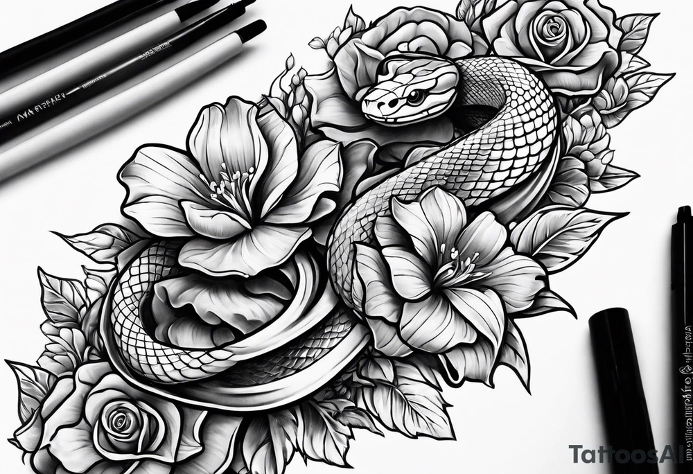 A snake wrapped around flowers tattoo idea | TattoosAI