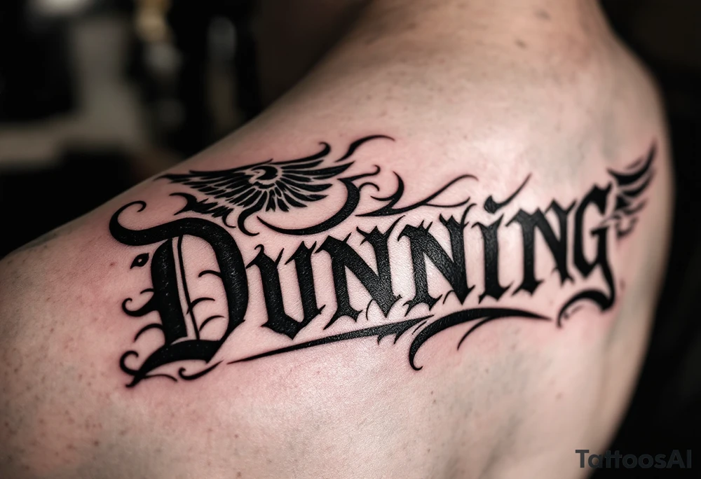 Dunning, details include Sharp falcon wing, manly bold roman font ...