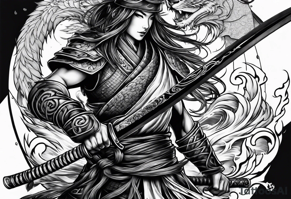 Katana in vortex of fire tattoo idea | TattoosAI