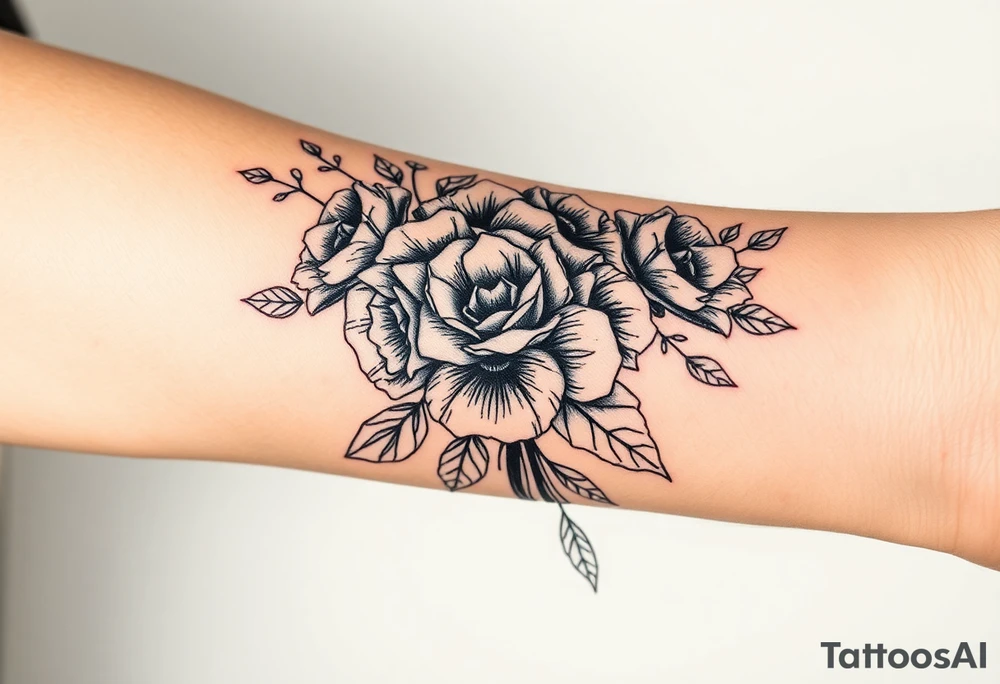Vintage bouquet of wild roses and meadow flowers with morning dew tattoo idea | TattoosAI