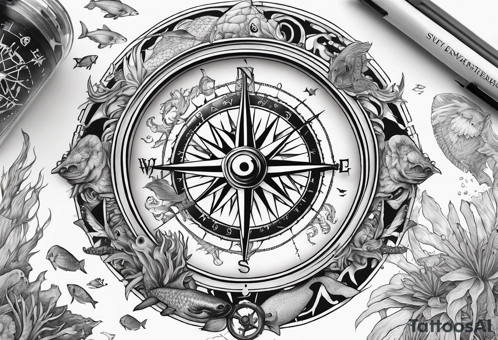 Scary Pirate themed compass surrounded by marine animals tattoo idea ...